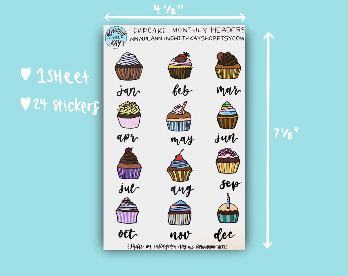 Cupcake Monthly Headers | Stickers for Planners, Journals & Organizers ...