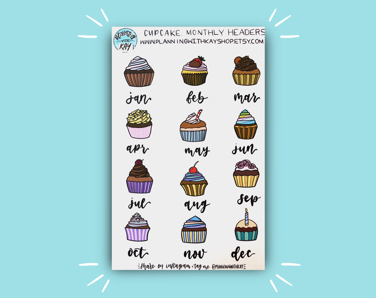 Cupcake Monthly Headers | Stickers for Planners, Journals & Organizers ...