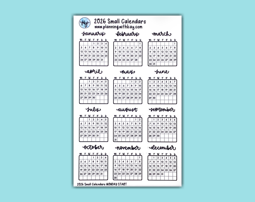 DIGITAL DOWNLOAD 2026 Small Calendars – Planning With Kay