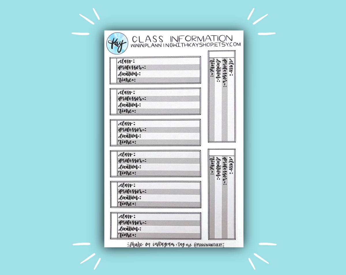 Class Information | Stickers for Planners, Journals & Organizers ...