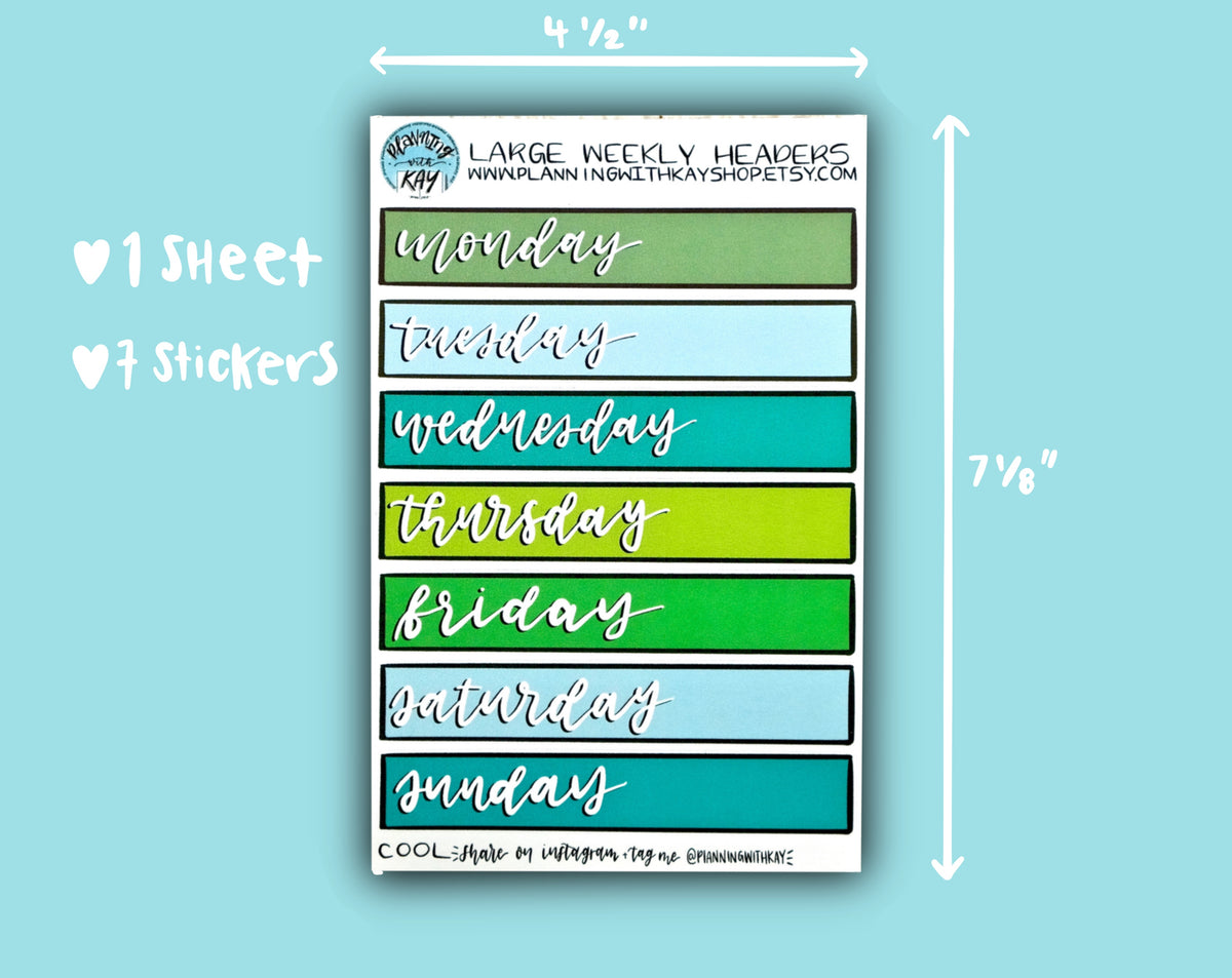 Cool Tone Large Weekly Headers | Stickers for Planners, Journals ...
