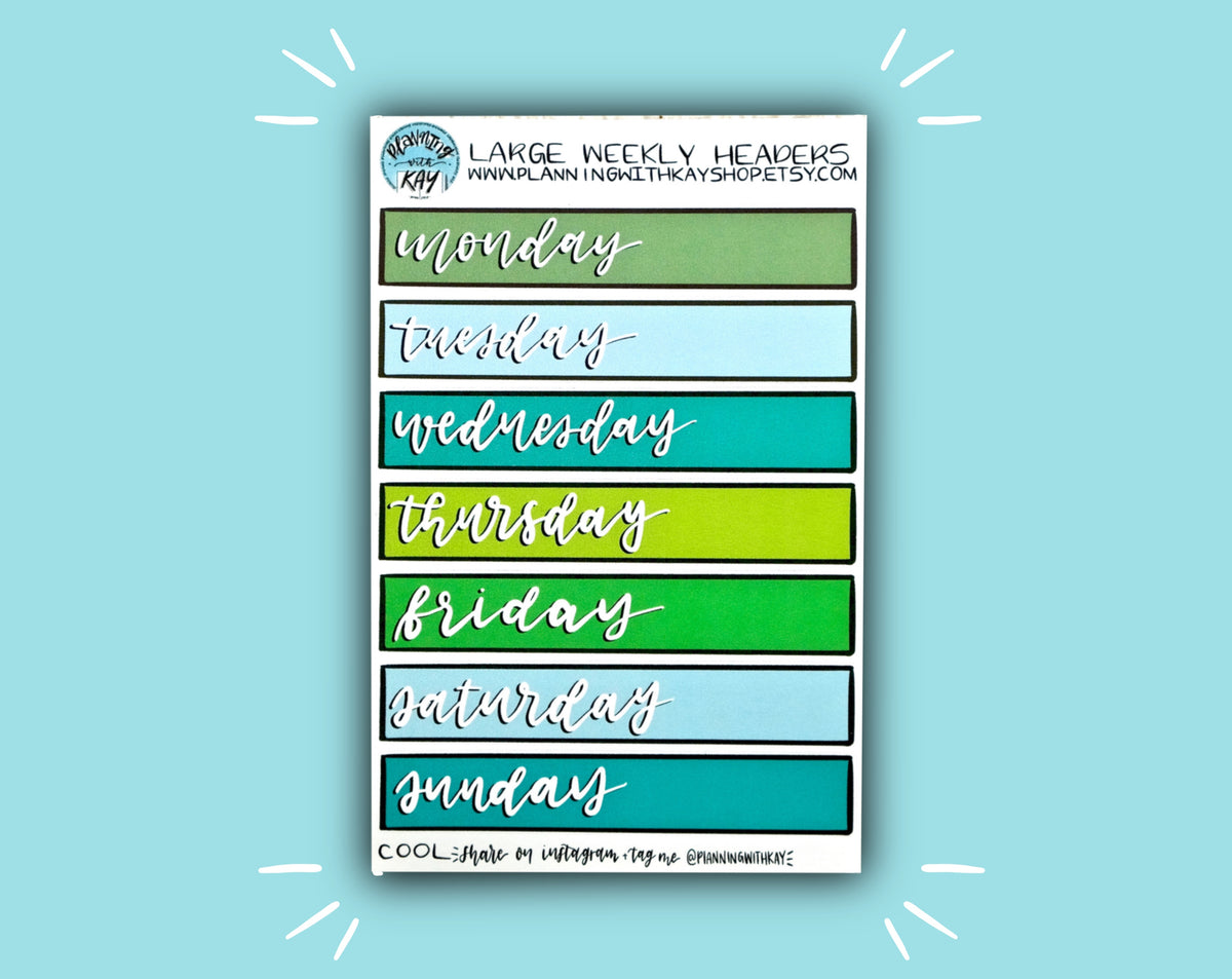 Cool Tone Large Weekly Headers | Stickers for Planners, Journals ...