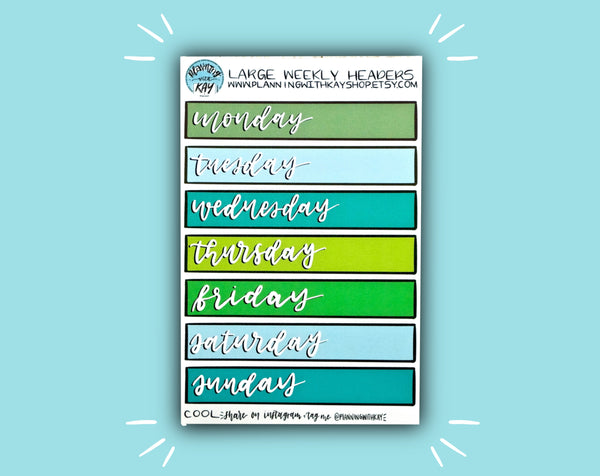 Cool Tone Large Weekly Headers | Stickers for Planners, Journals ...