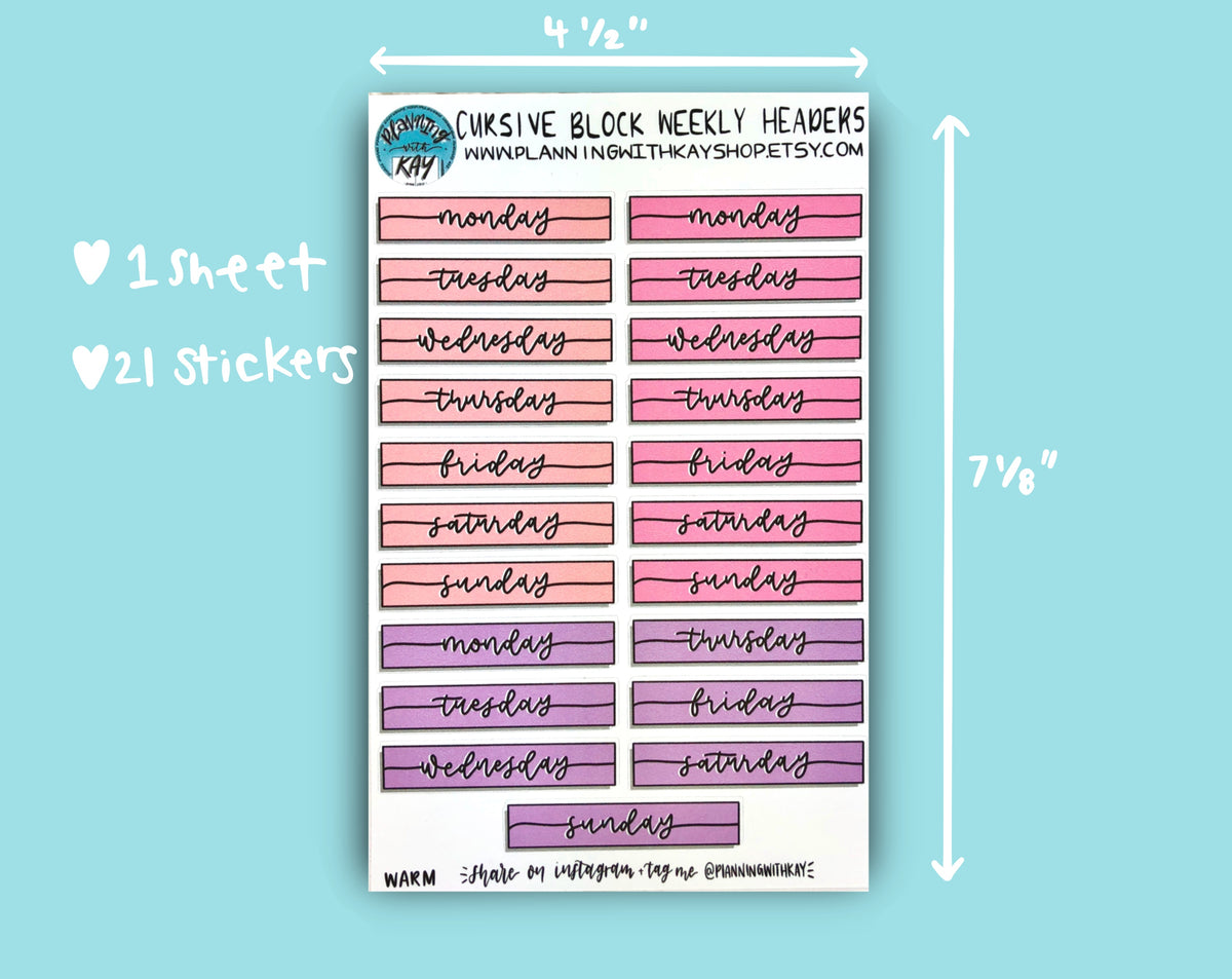 Cursive Block Weekly Headers | Stickers for Planners, Journals ...