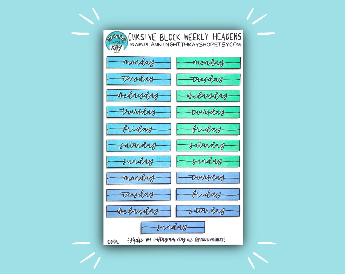 Cursive Block Weekly Headers | Stickers for Planners, Journals ...