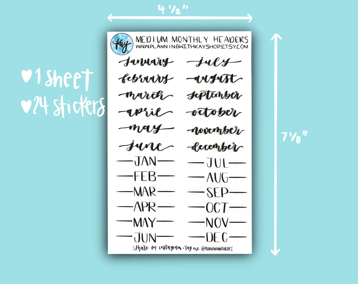 Medium Monthly Header Sticker Sheet | Stickers for Planners, Journals ...