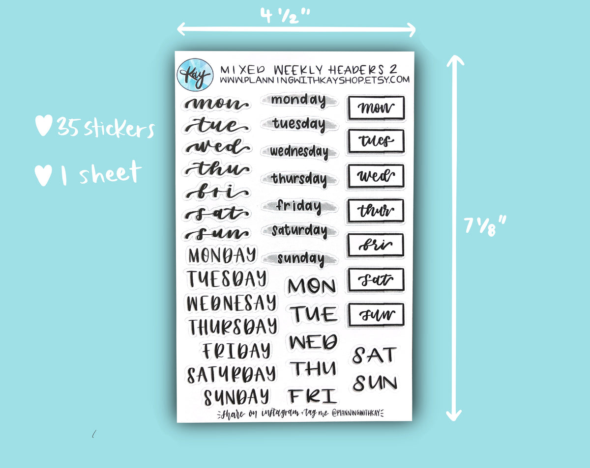 Mixed Weekly Headers 2 Sticker Sheet | Stickers for Planners, Journals ...