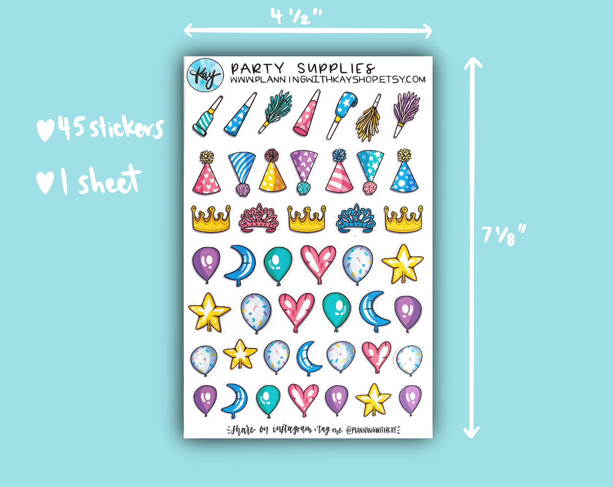 Party Supplies Sticker Sheet | Stickers for Planners, Journals ...