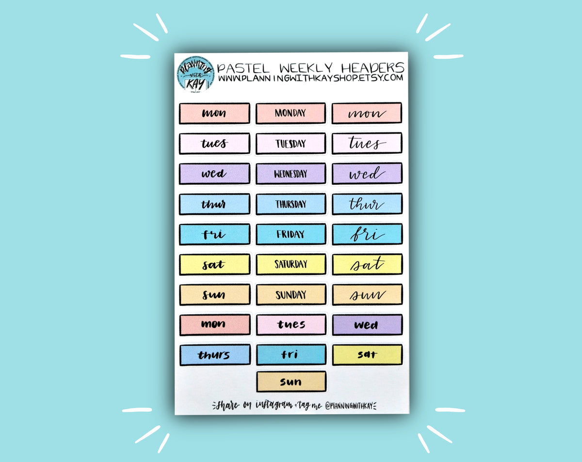 Pastel Weekly Headers | Stickers for Planners, Journals & Organizers ...